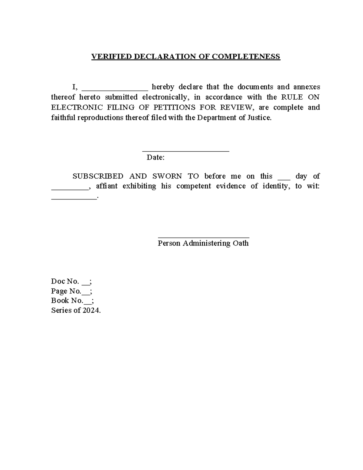 Verified declaration of completeness - VERIFIED DECLARATION OF ...