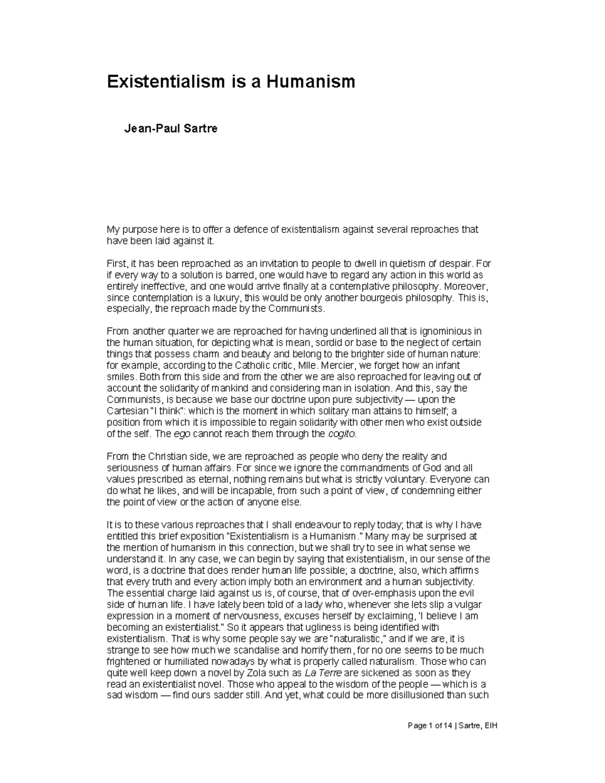 Sartre-existentialism is humanismfor philo subject okay - Existentialism is a Humanism Jean-Paul ...