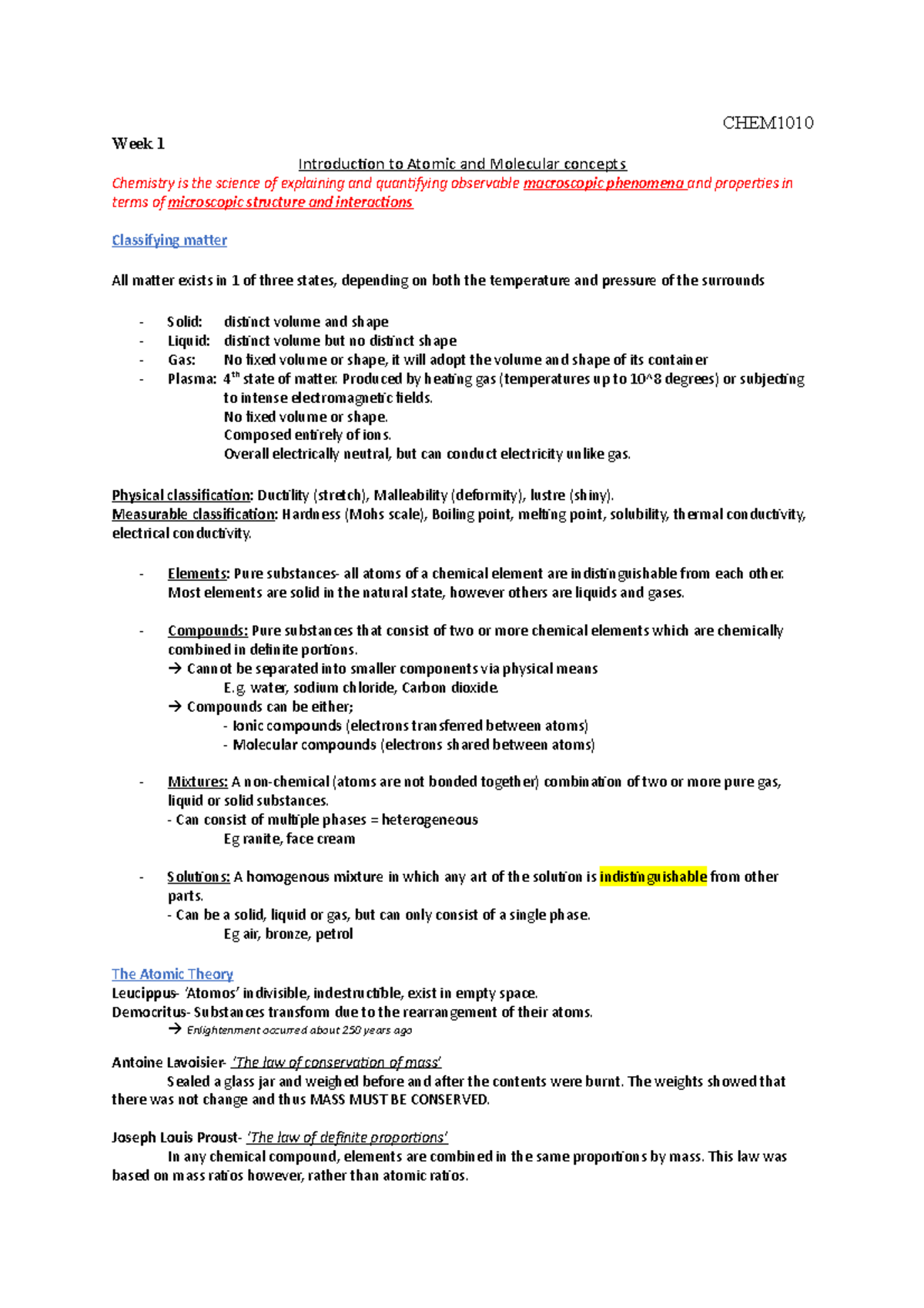 CHEM1010 Sem 1 - summaries week 1-7 2021 - CHEM1010 Week 1 Introduction ...