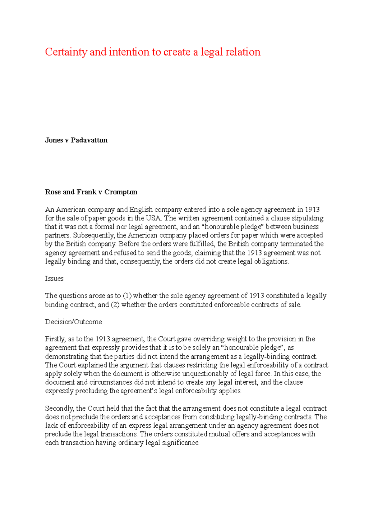 Certainty and intention to create a legal relation - The written ...