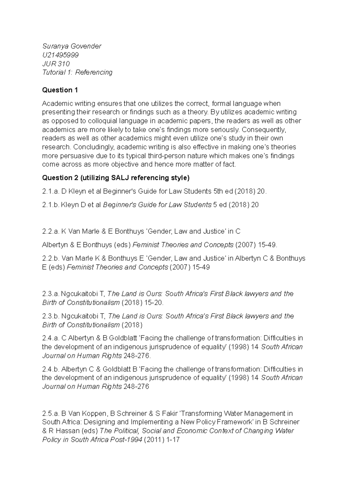 JUR 310 Tut 1 - tut about pulp referencing guide etc - Suranya Govender ...
