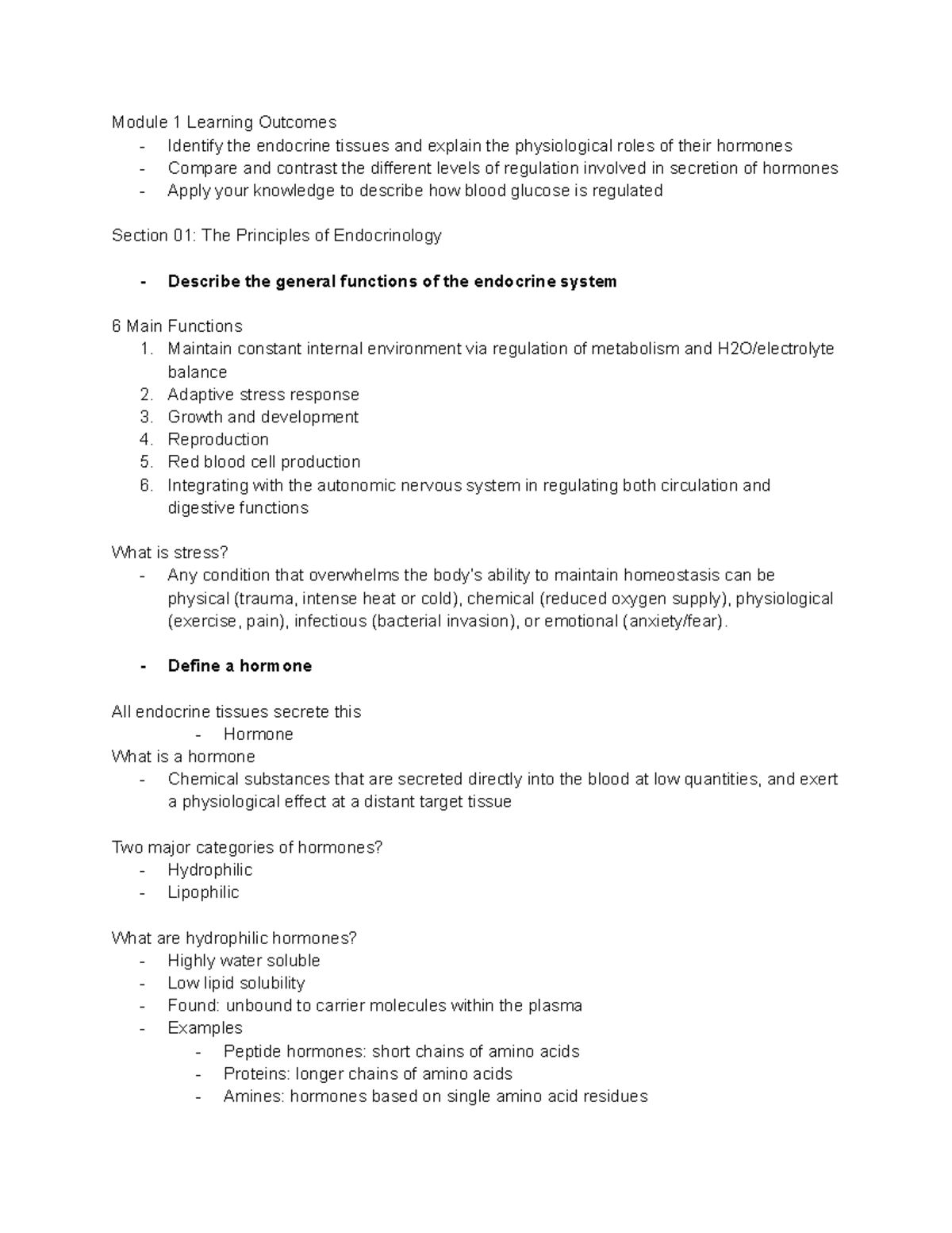 PHGY 216 Module 1 Endocrine Physiology - Module 1 Learning Outcomes ...
