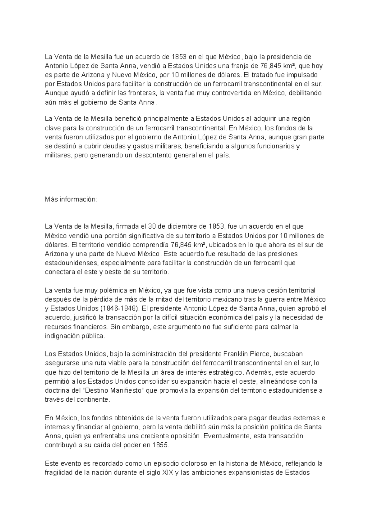 Venta de la mesilla - Apunte - La Venta de la Mesilla fue un acuerdo de ...