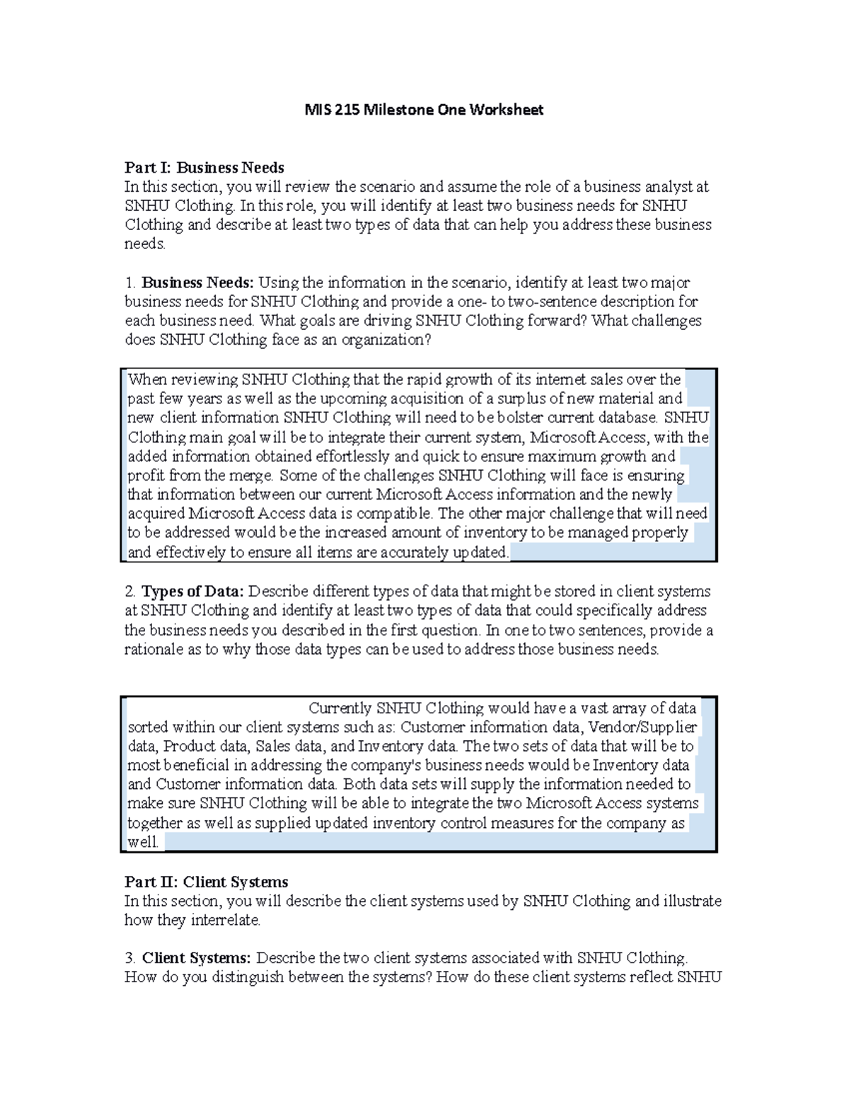 Mis215 milestone one worksheet - MIS 215 Milestone One Worksheet Part I ...