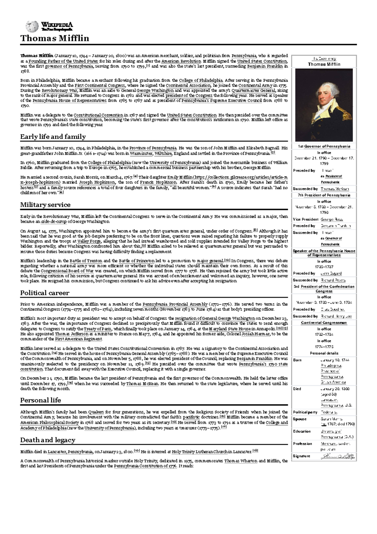 Thomas Mifflin - Wikipedia - His Excellency Thomas Mifflin 1st Governor ...