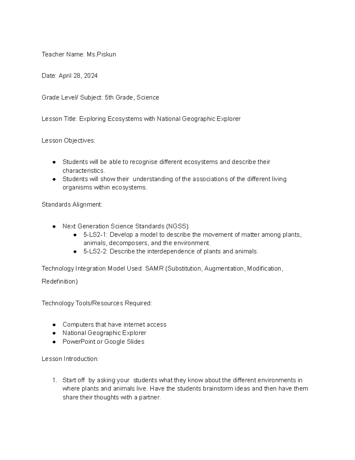 Educ 462 tecnology lesson plan - Teacher Name: Ms Date: April 28, 2024 ...