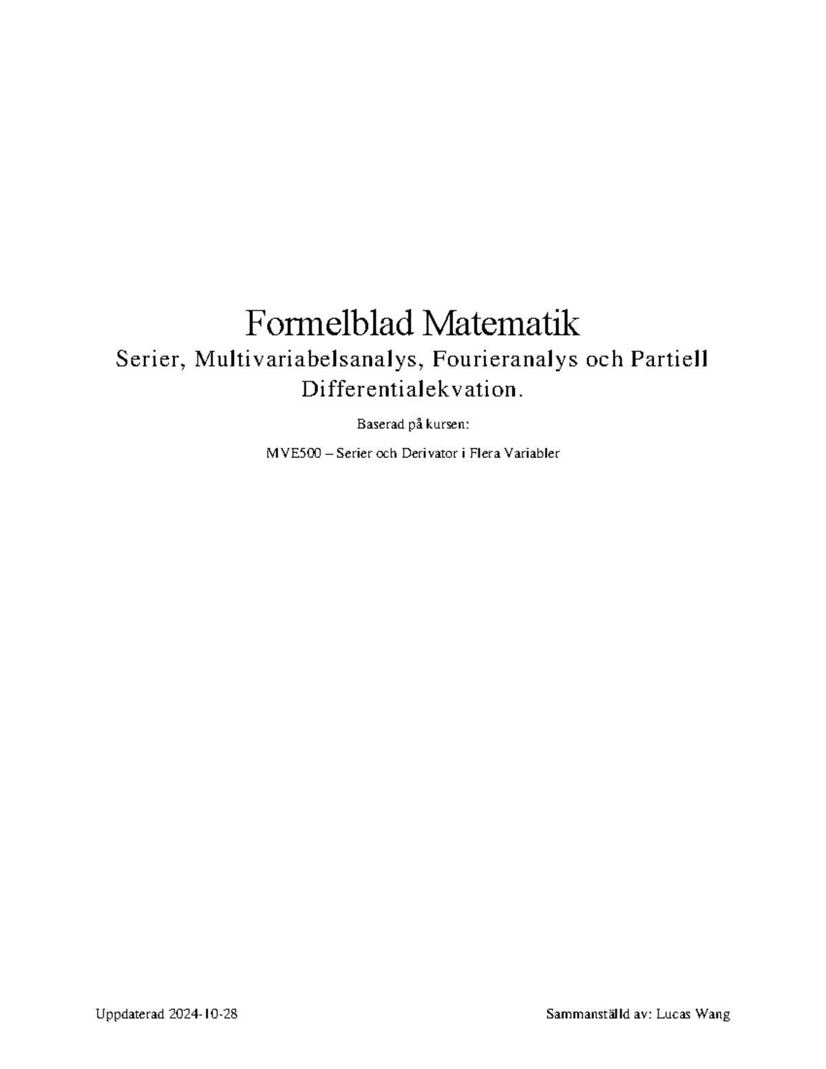 Formelblad Matematik Multivariabelskalkyl (Ingår Satser) - Uppdaterad ...