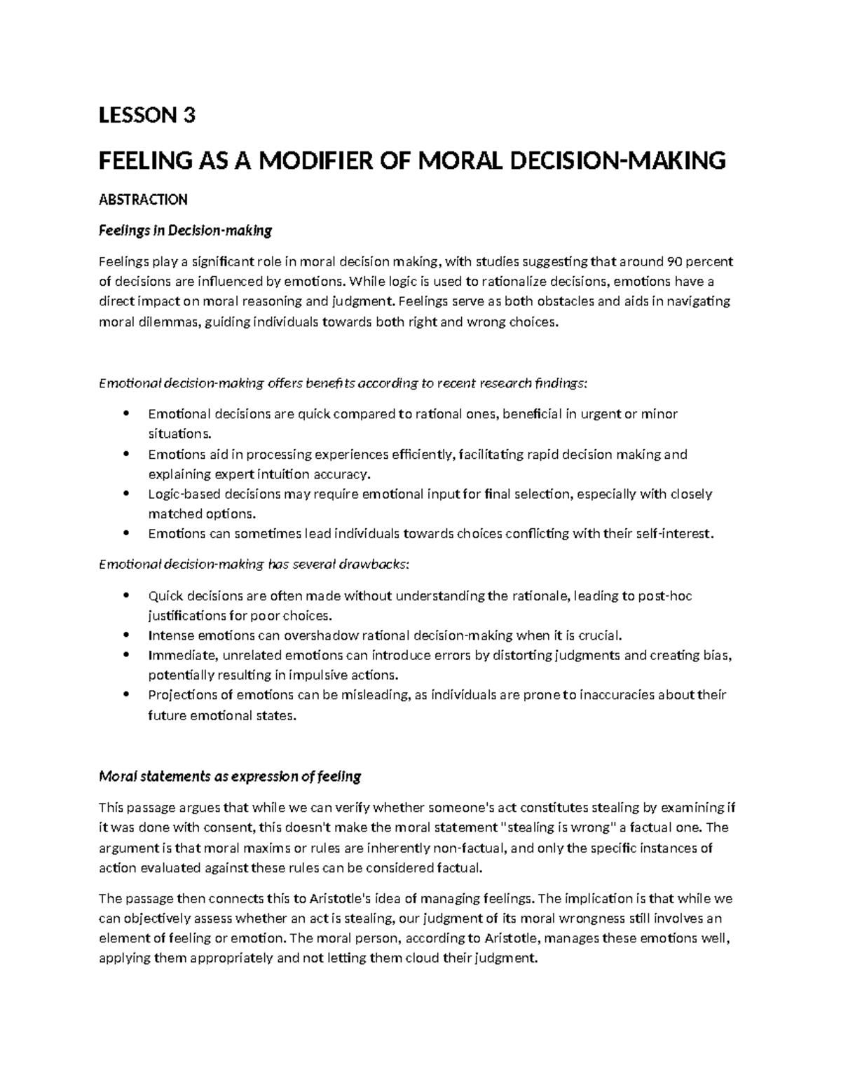 Human ACT - Ethics - Thank me later! - LESSON 3 FEELING AS A MODIFIER ...