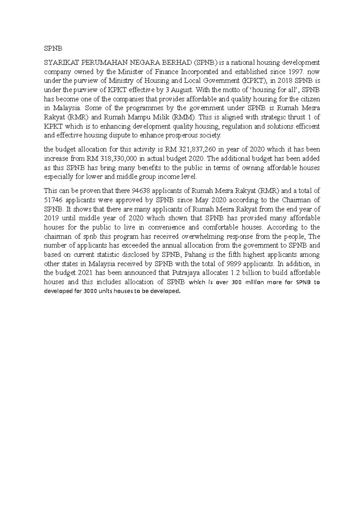 SPNB - Spnb summaries - SPNB SYARIKAT PERUMAHAN NEGARA BERHAD (SPNB) is ...