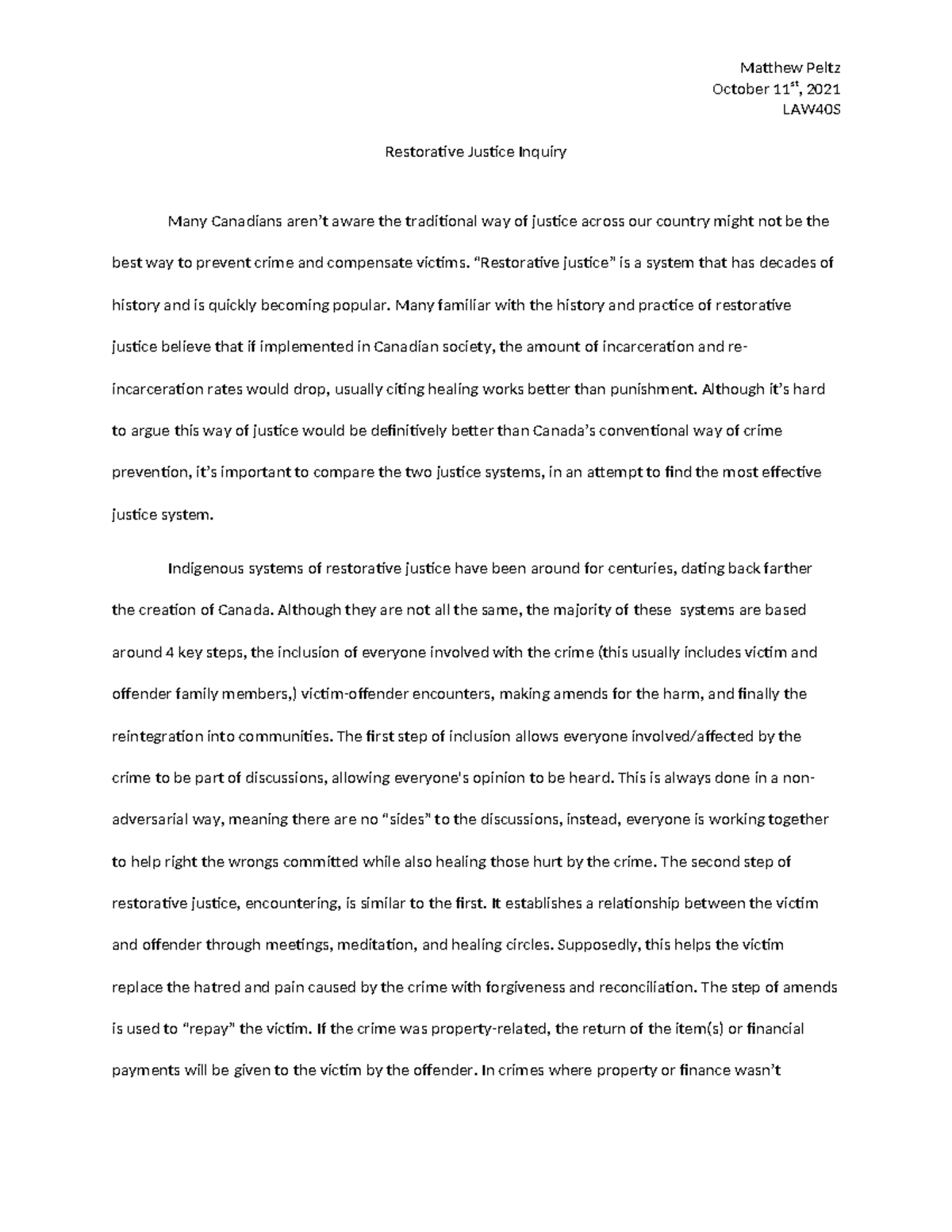 Restorative Justice Inquiry - Matthew Peltz October 11st, 2021 LAW40S ...