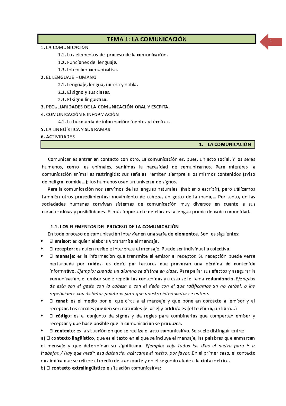 T 1 LA Comunicación - REPASO EXAMEN LENGUA TEMA 1 - TEMA 1: LA COMUNICACIÓN 1. LA COMUNICACIÓN ...
