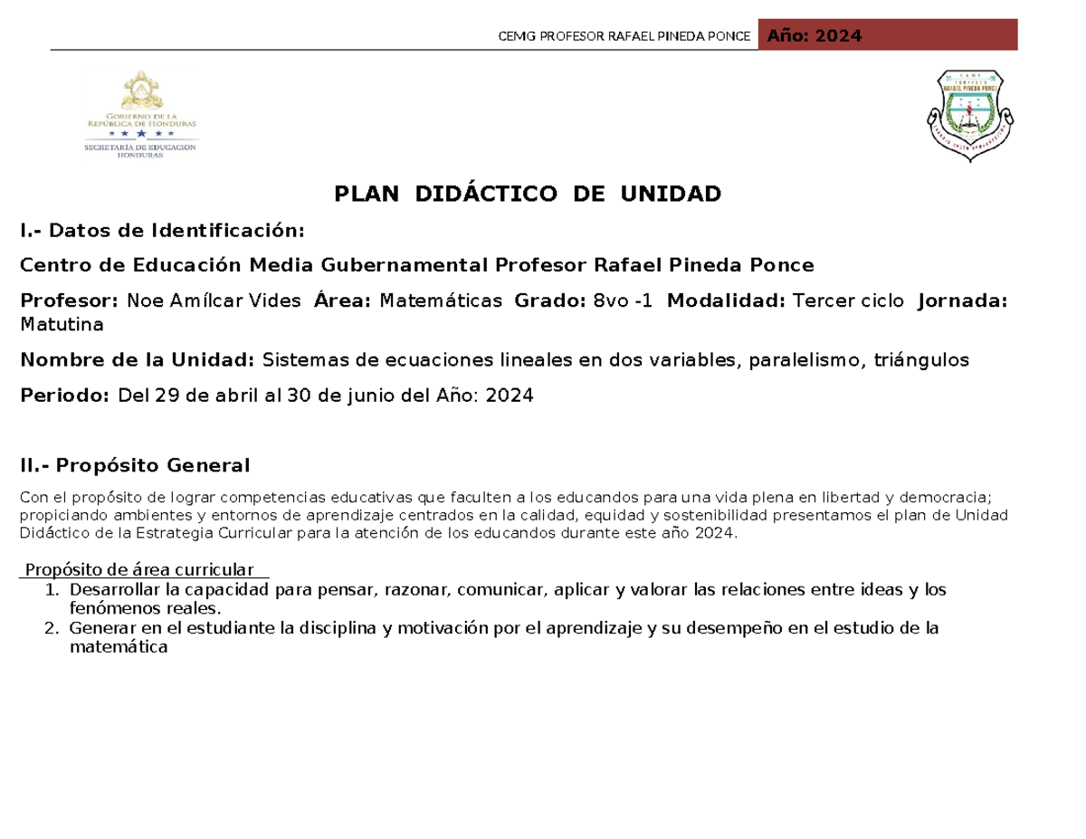PLAN 8VO-1 - Planificación 8vo - PLAN DIDÁCTICO DE UNIDAD I.- Datos de ...