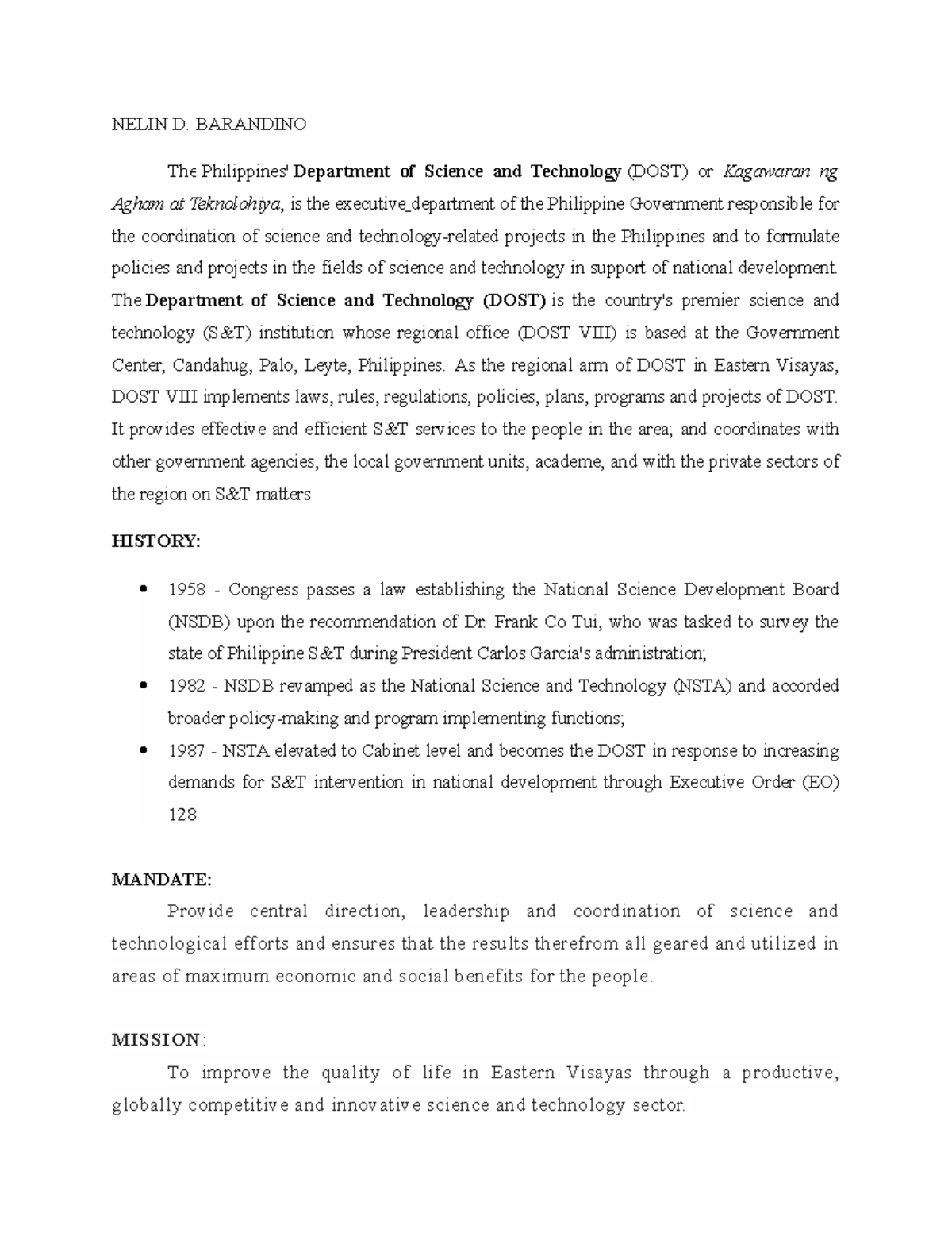 DOST - Grade: A - NELIN D. BARANDINO The Philippines' Department of ...