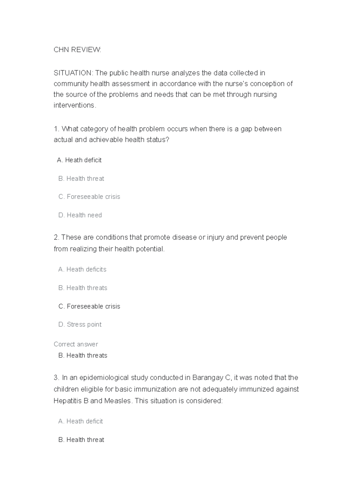 CHN Review - CHN REVIEW: SITUATION: The public health nurse analyzes ...