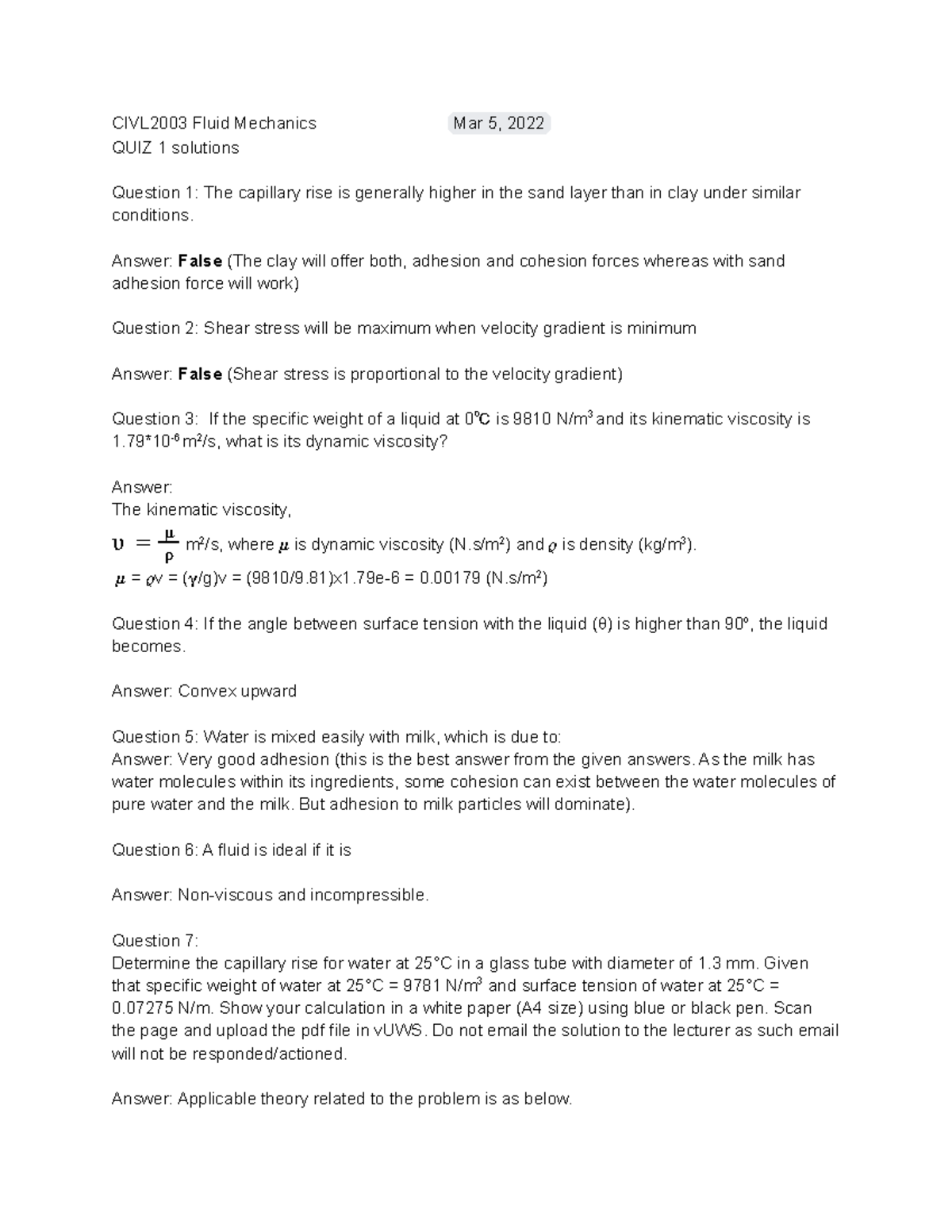 Fluid quiz solutions - CIVL2003 Fluid Mechanics Mar 5, 2022 QUIZ 1 solutions Question 1: The ...