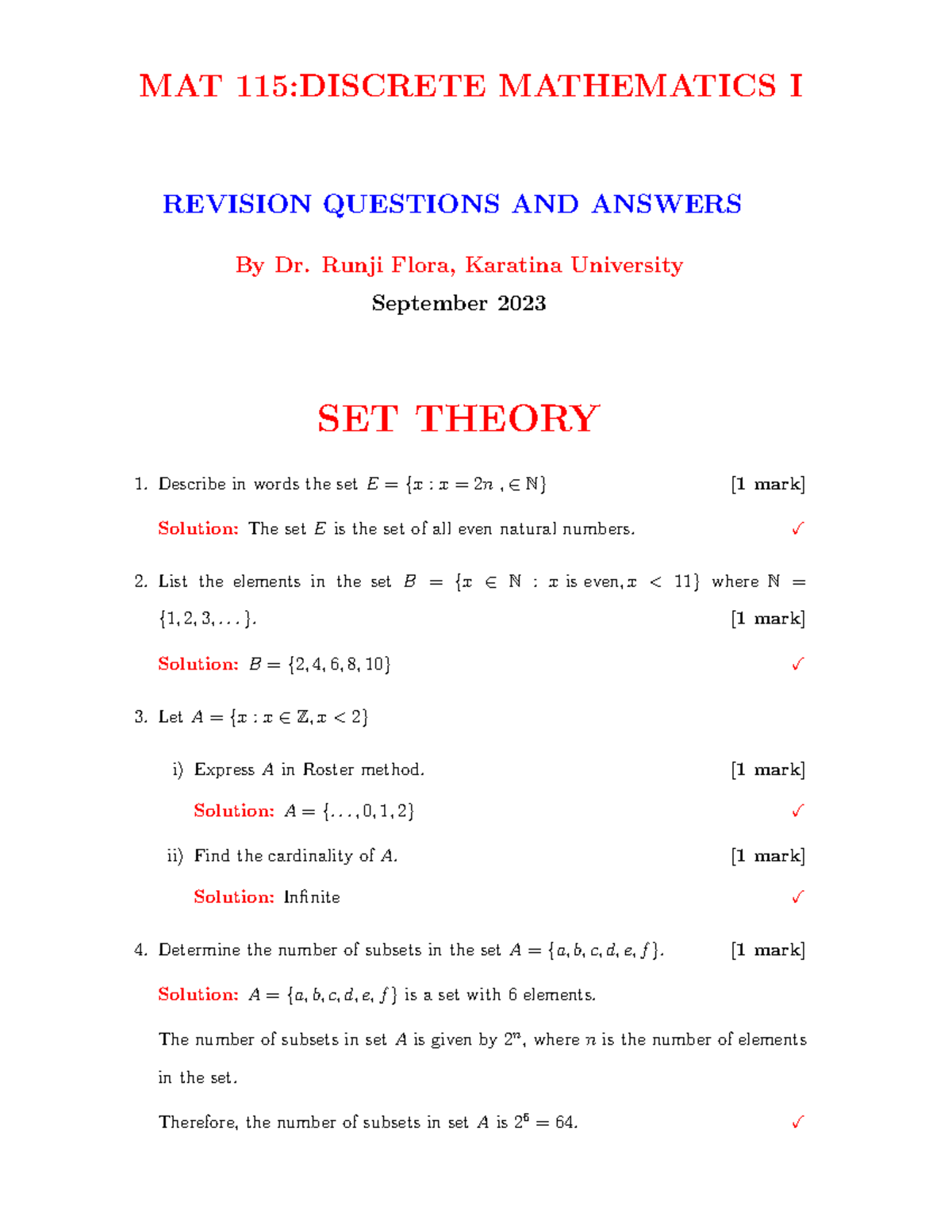 Revion Questions and Answers in Set Theory, Relations, Functions, Permutatios, Combinations ...