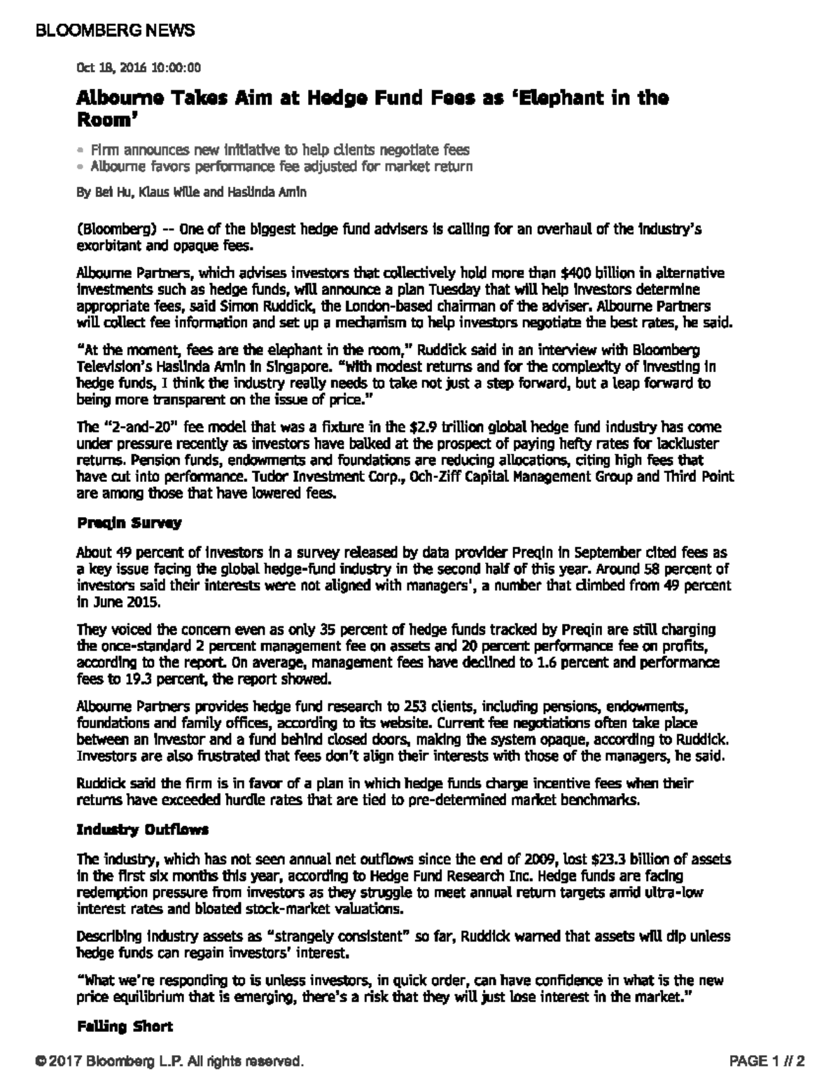 Albourne Takes Aim at Hedge Fund Fees - tutorial reading - BLOOMBERG ...