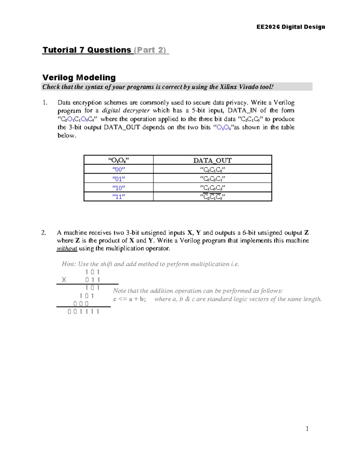 EE2026 Tutorial-7 (wk8) - 1 EE2026 Digital Design Tutorial 7 Questions (Part 2) Verilog Modeling ...