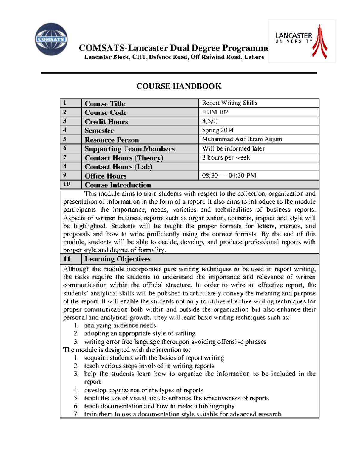 Report Writing Skills Handbook - COMSATS-Lancaster Dual Degree ...