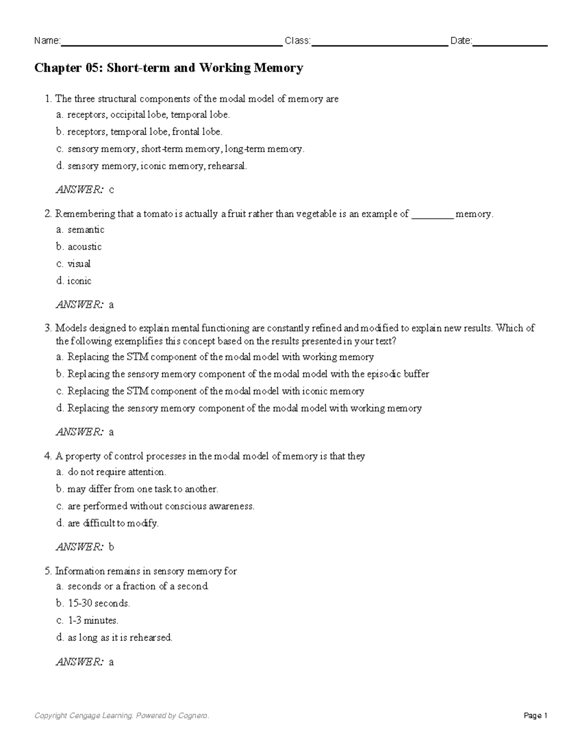 Chapter 05 Short term and Working Memory - 1. The three structural components of the modal model ...