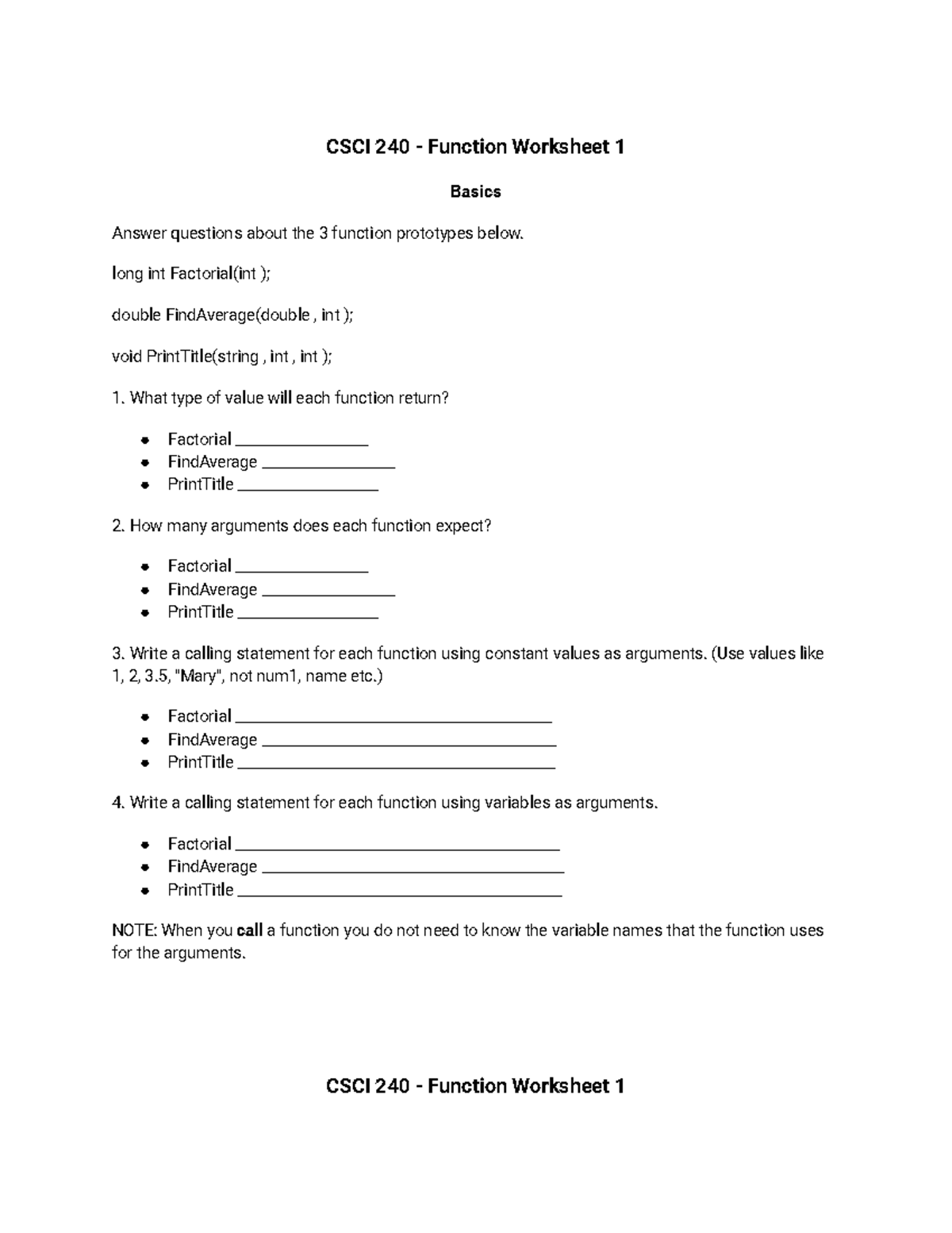 CSCI 240 - Function Worksheet 1 and answers - CSCI 240 - Function ...