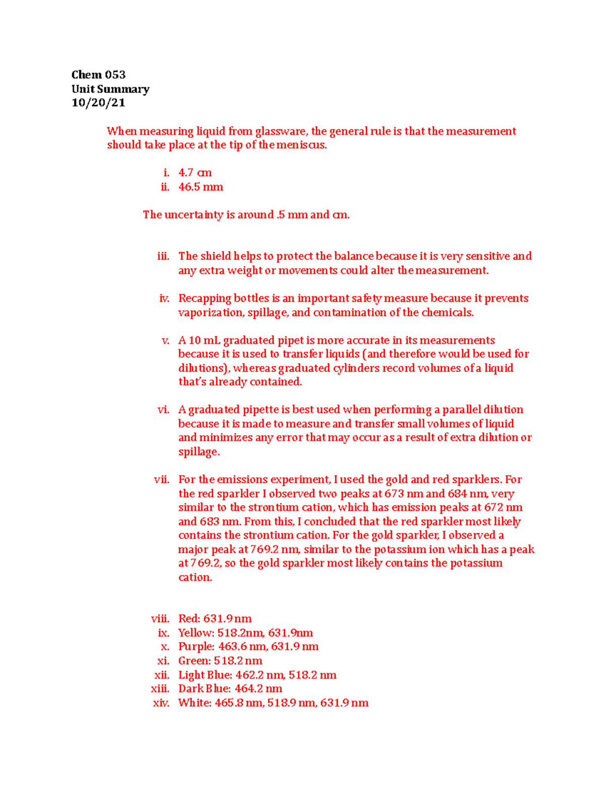 Copy of 2021C Unit 1 Summary Assignment - Chem 053 Unit Summary 10/20/ When measuring liquid ...