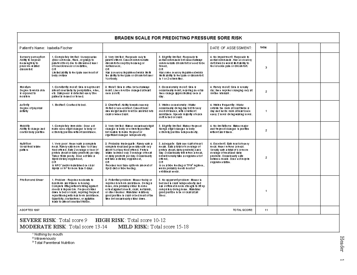 Braden Scale Isabella Fischer - Header 1 BRADEN SCALE FOR PREDICTING ...
