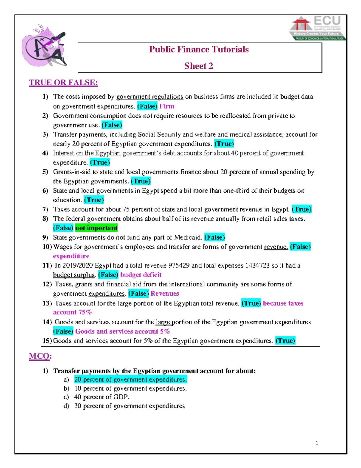Public Finance Sheets - Lecture notes 7 - Public Finance Tutorials ...