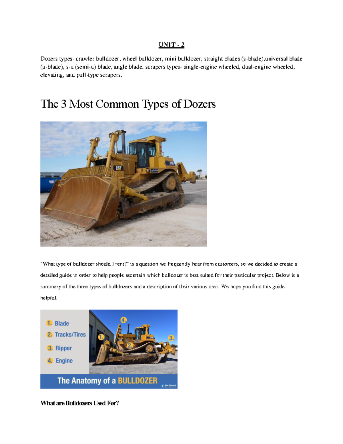 Unit-2 - NOTES - UNIT - 2 Dozers types- crawler bulldozer, wheel ...