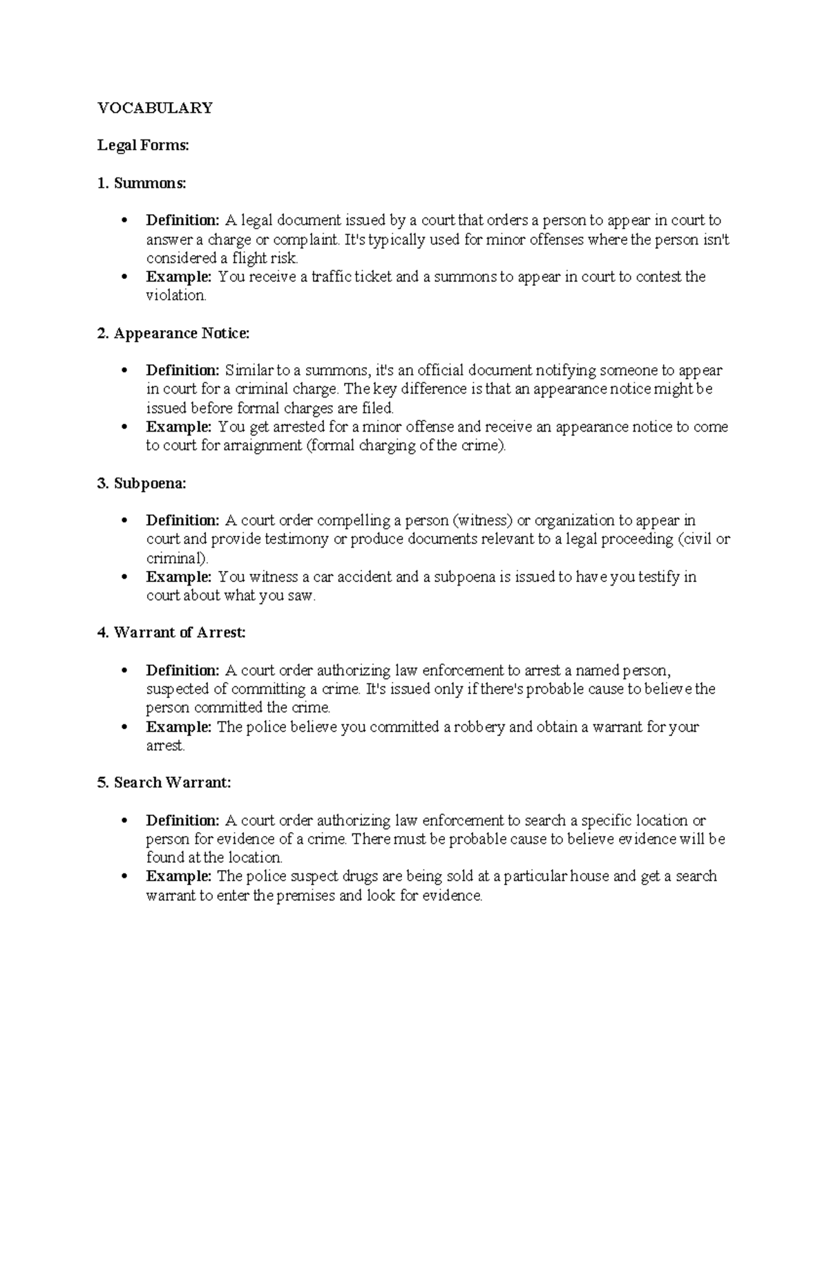 Technical English Legal Forms 2 - VOCABULARY Legal Forms: 1. Summons ...