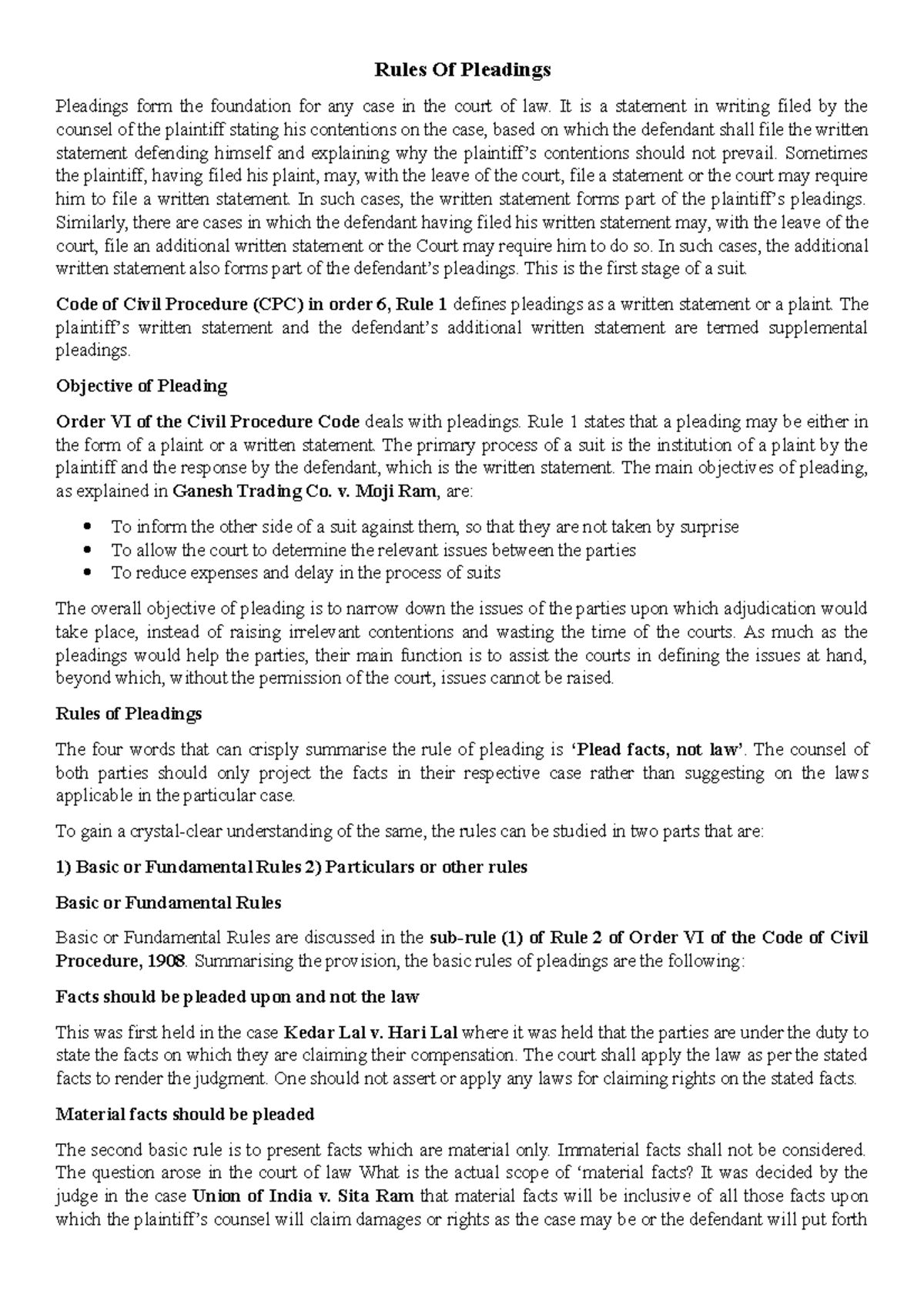 Rules Of Pleadings - Summary Integrated B.A.LLB,5Years - Rules Of ...