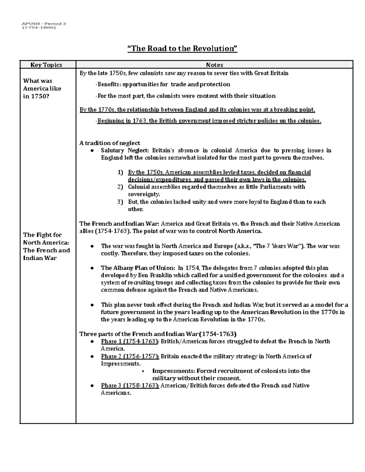 3-The Road to the Revolution (Fill in Notes) - “The Road to the ...