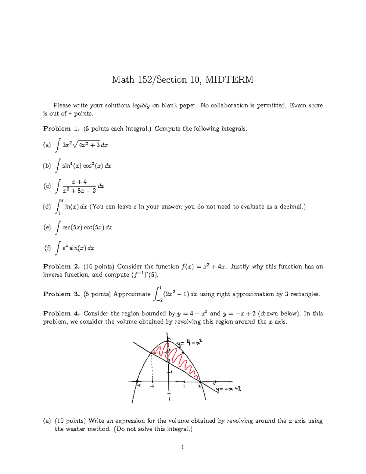 Midterm Exam - Math 152/Section 10, MIDTERM Please write your ...