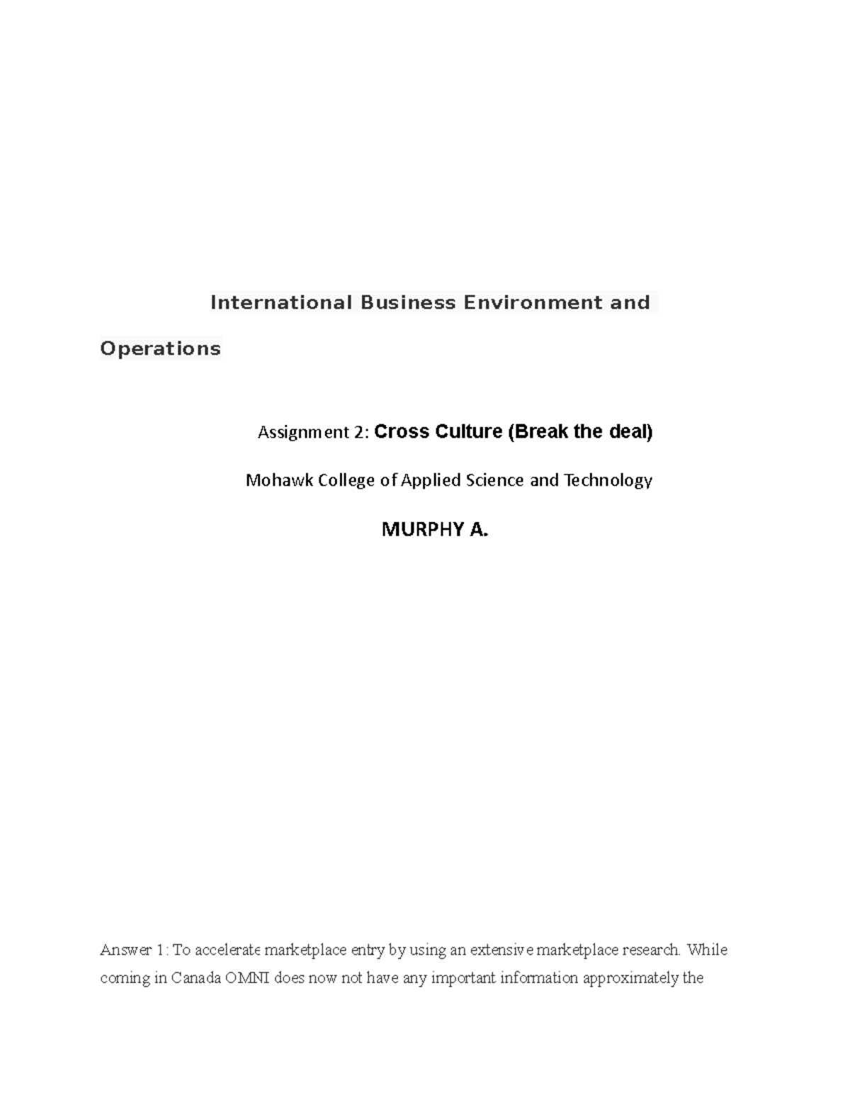 Assignment 2- Cross Culture - International Business Environment and ...