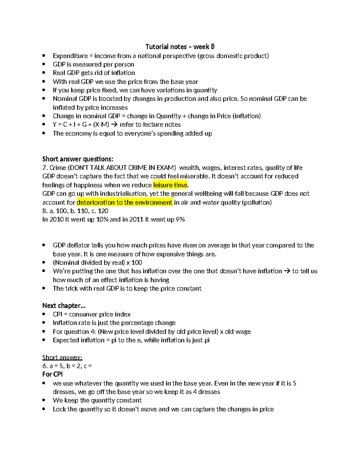 Tut notes - week 8 - Tutorial notes – week 8 Expenditure = income from ...