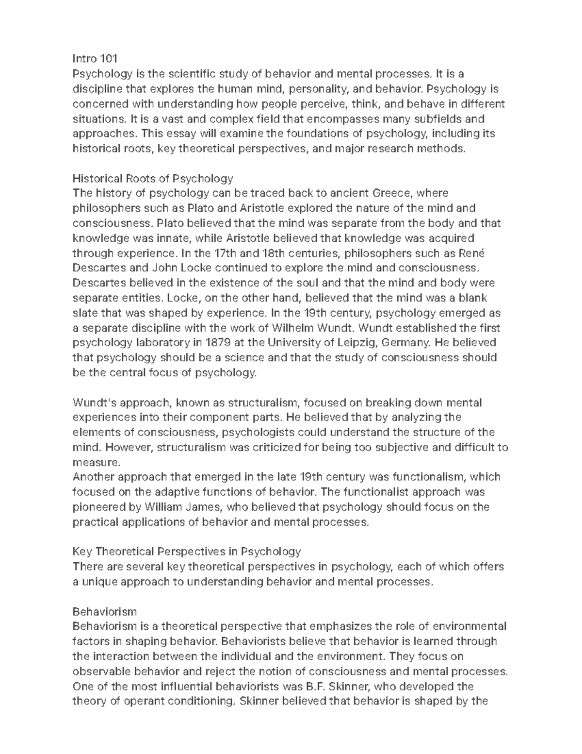 Intro 101 - notes - Intro 101 Psychology is the scientific study of ...