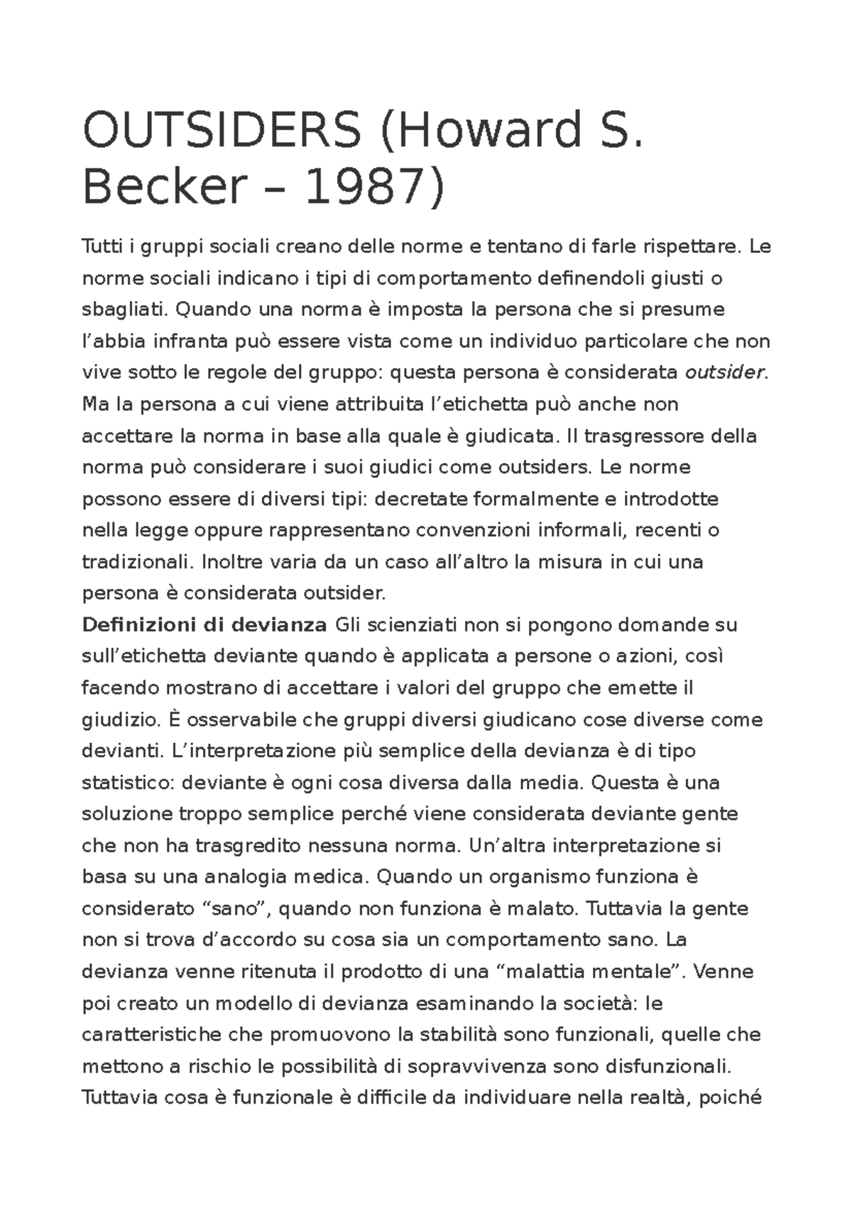 Outsiders Becher - OUTSIDERS (Howard S. Becker 1987) Tutti i gruppi ...