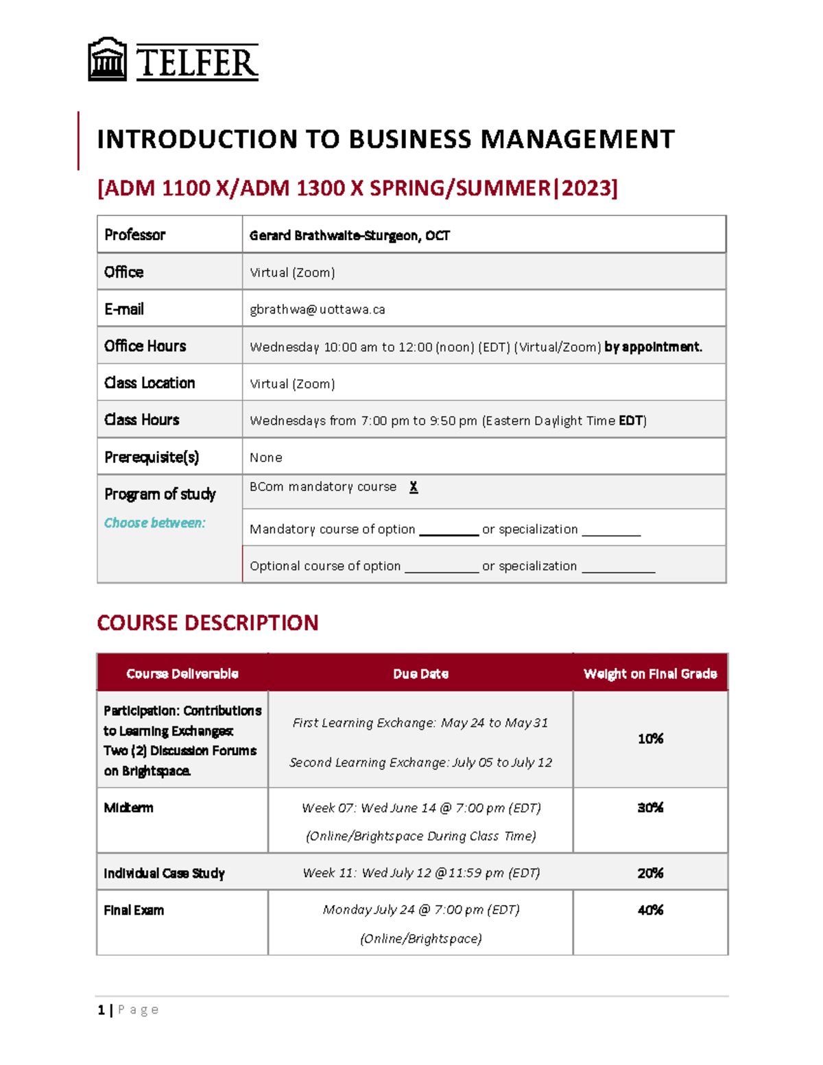 ADM 1100 X ADM 1300 X IBM Course Outline SS23 - INTRODUCTION TO ...