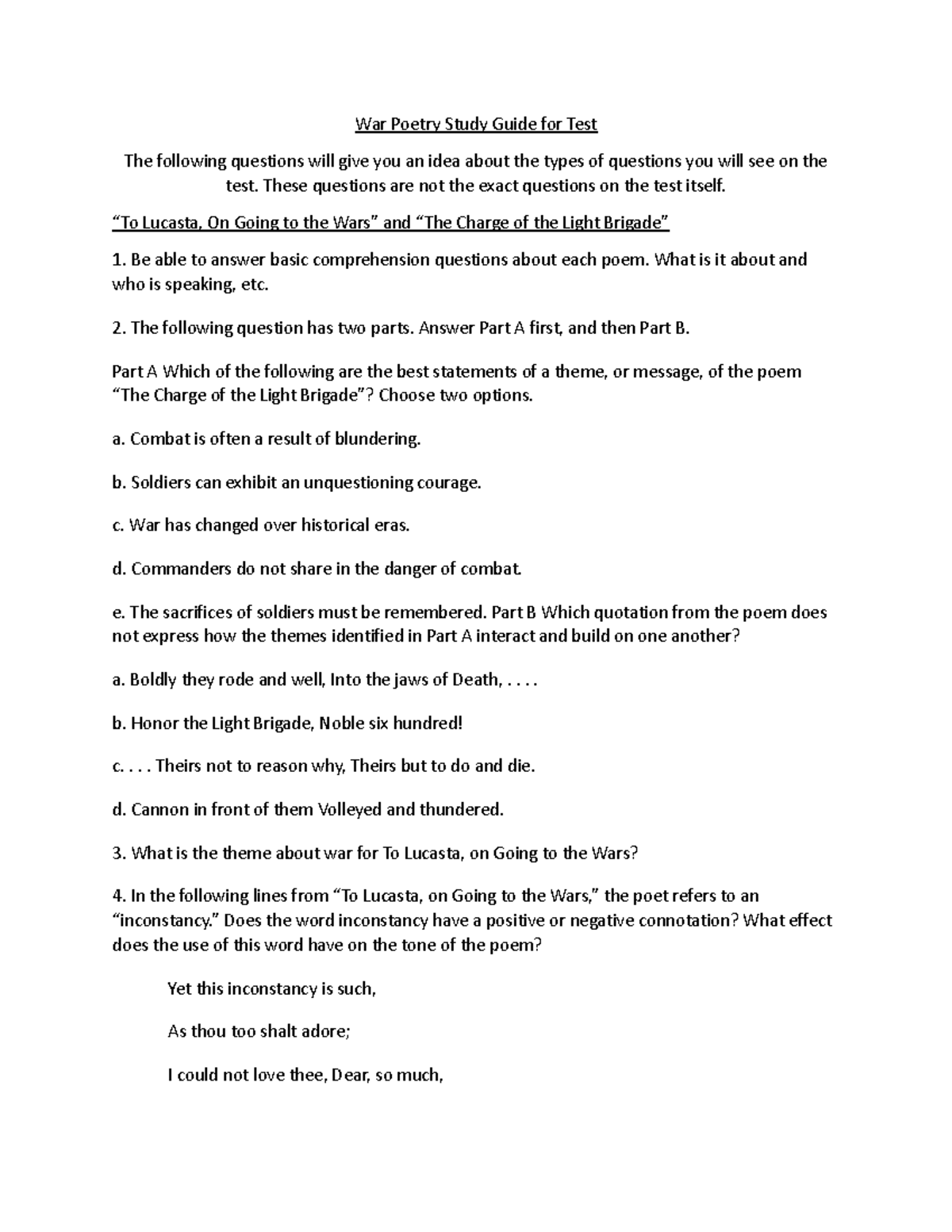 War Poetry Study Guide - These questions are not the exact questions on ...