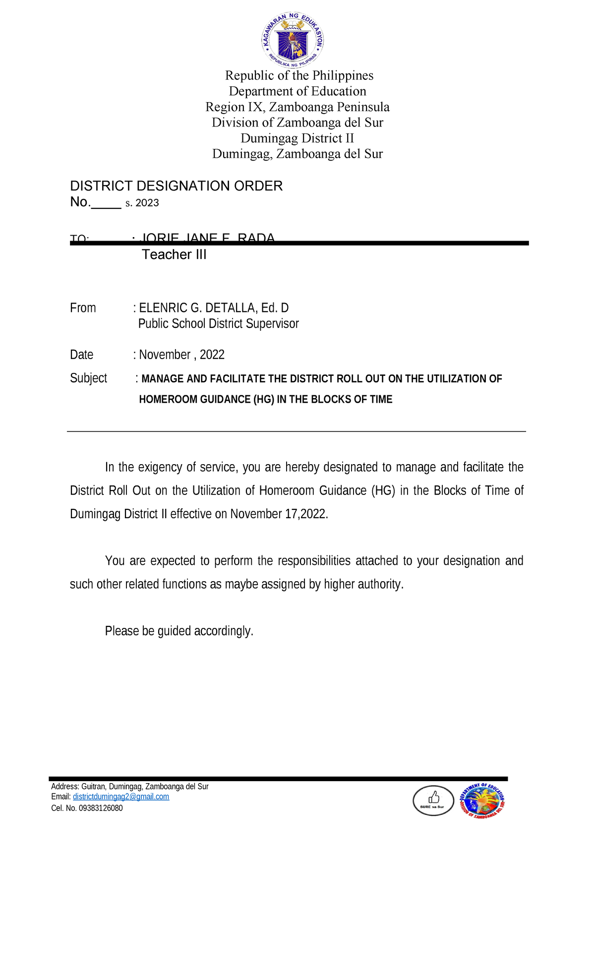 District Designation Order - Address: Guitran, Dumingag, Zamboanga del ...