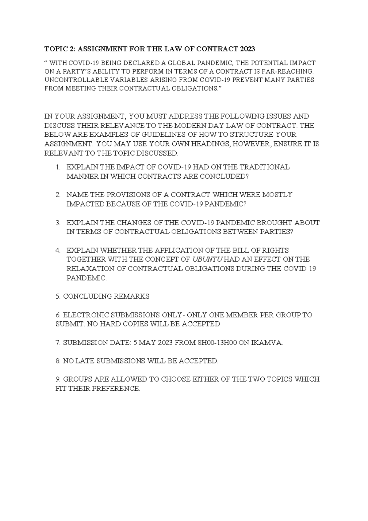 The law of contract assignment topic 2 - TOPIC 2: ASSIGNMENT FOR THE LAW OF CONTRACT 2023 “ WITH ...