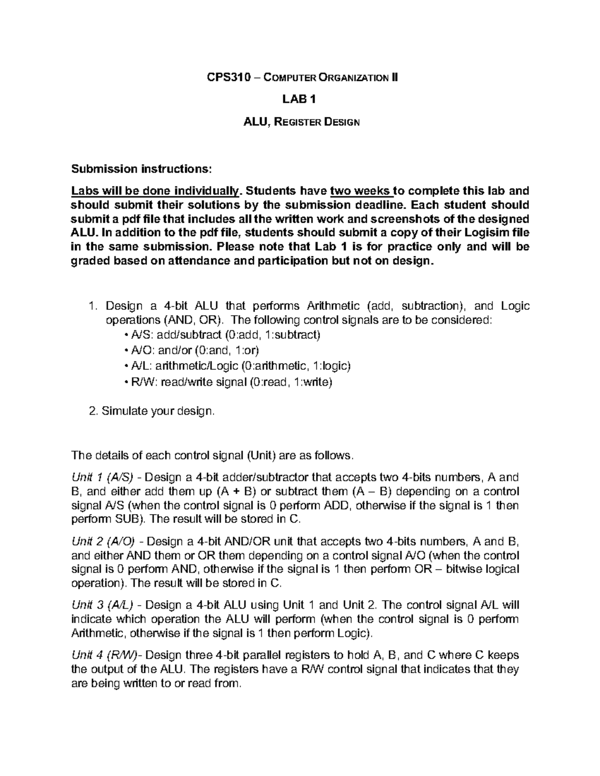 CPS310 - Lab 1 2022 - CPS310 – COMPUTER ORGANIZATION II LAB 1 ALU ...