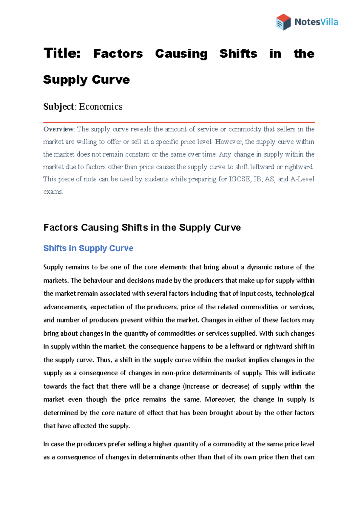 Factors causing changes in supply - Title: Factors Causing Shifts in ...