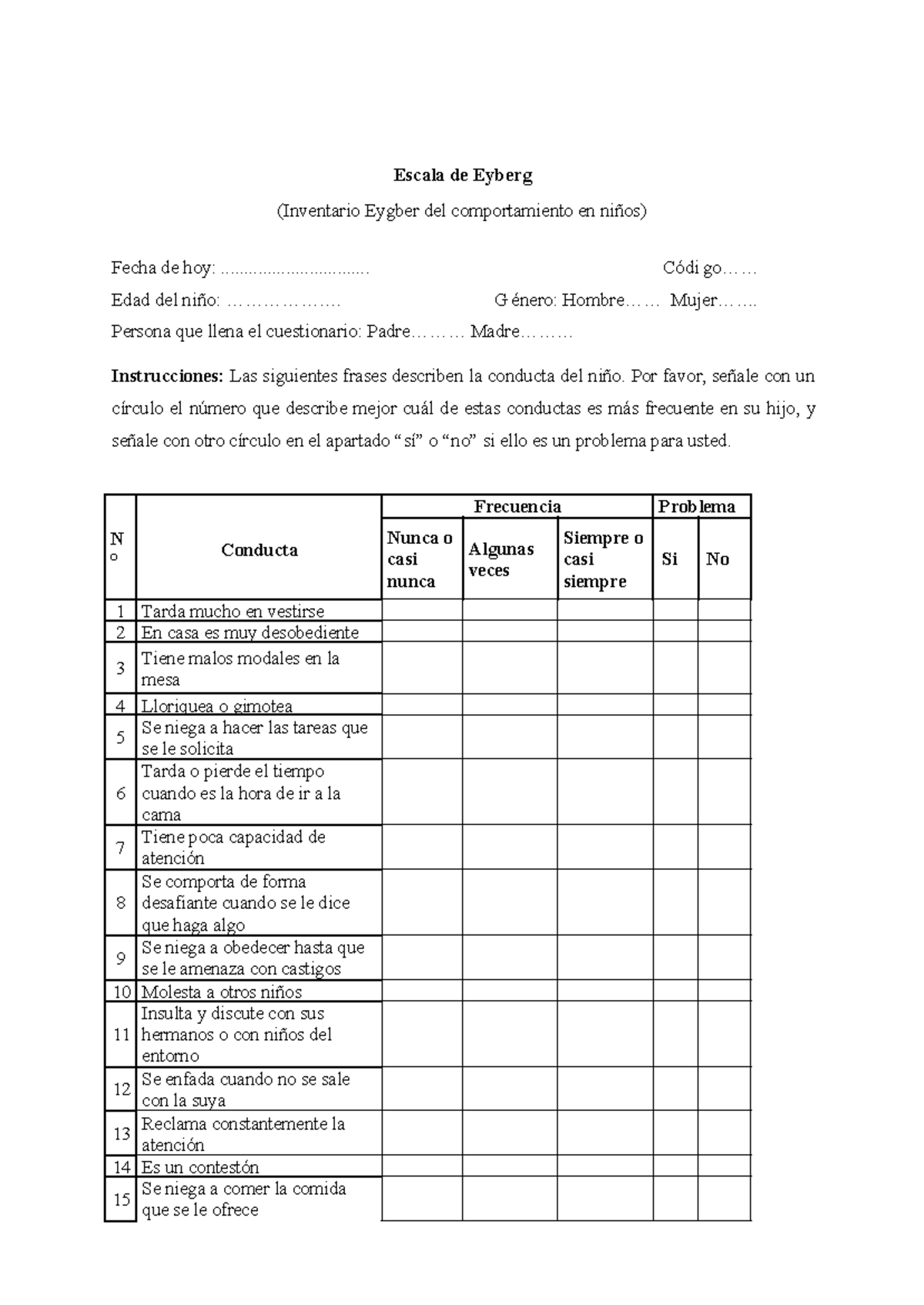 Escala de Eyberg - Escala de Eyberg (Inventario Eygber del ...