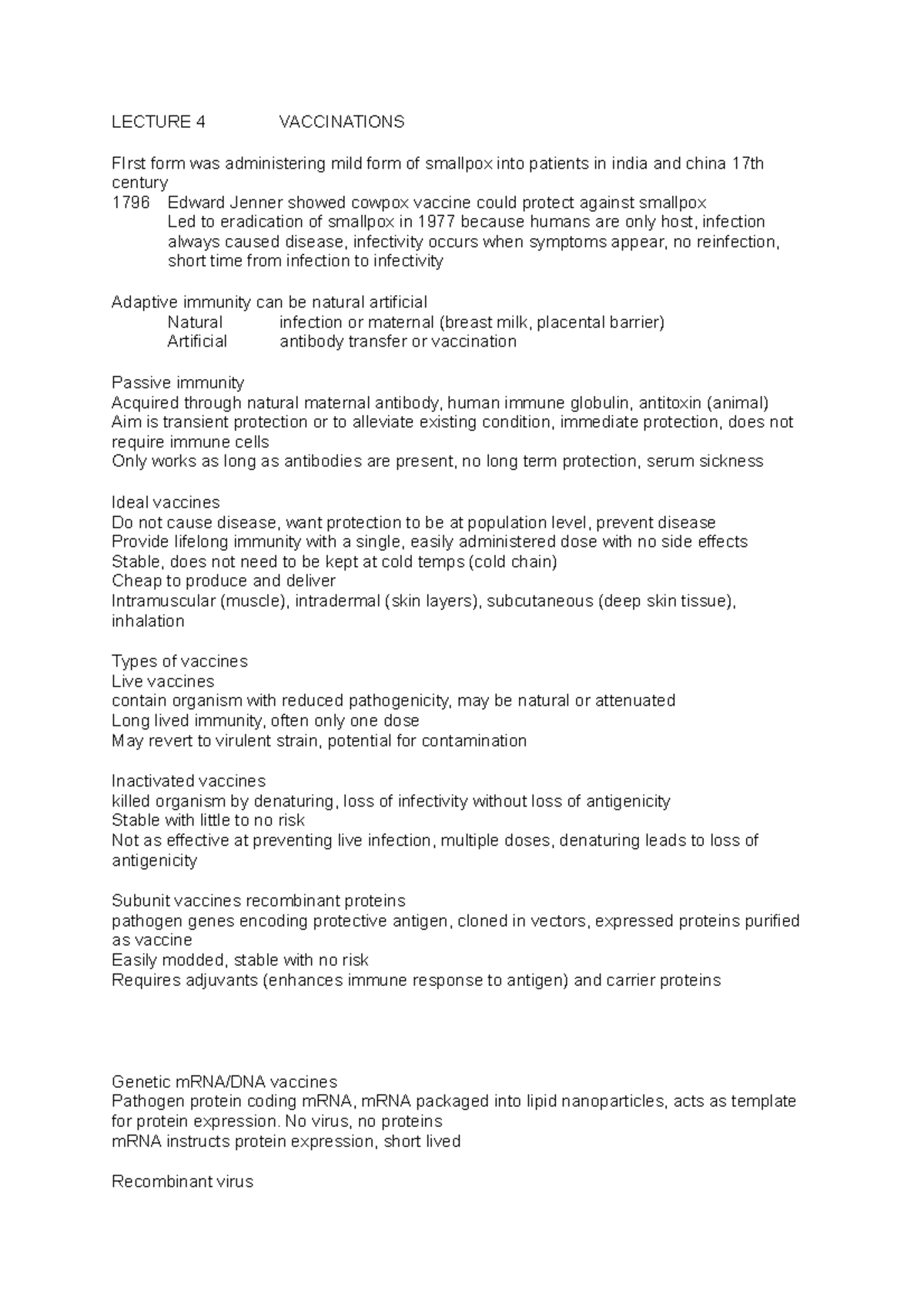 IHH Lecture 4 - LECTURE 4 VACCINATIONS FIrst form was administering mild form of smallpox into ...