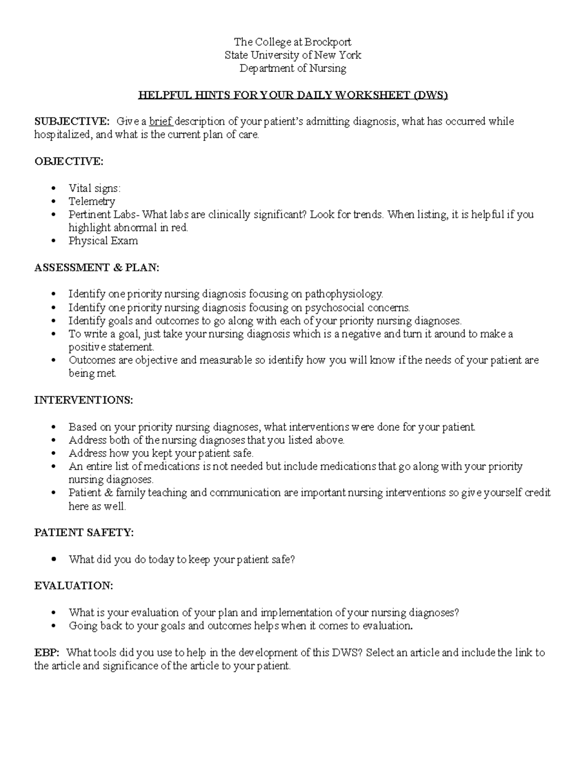 NUR 443 DWS Week 9 - Daily Worksheet; Patient Care Plan - The College ...