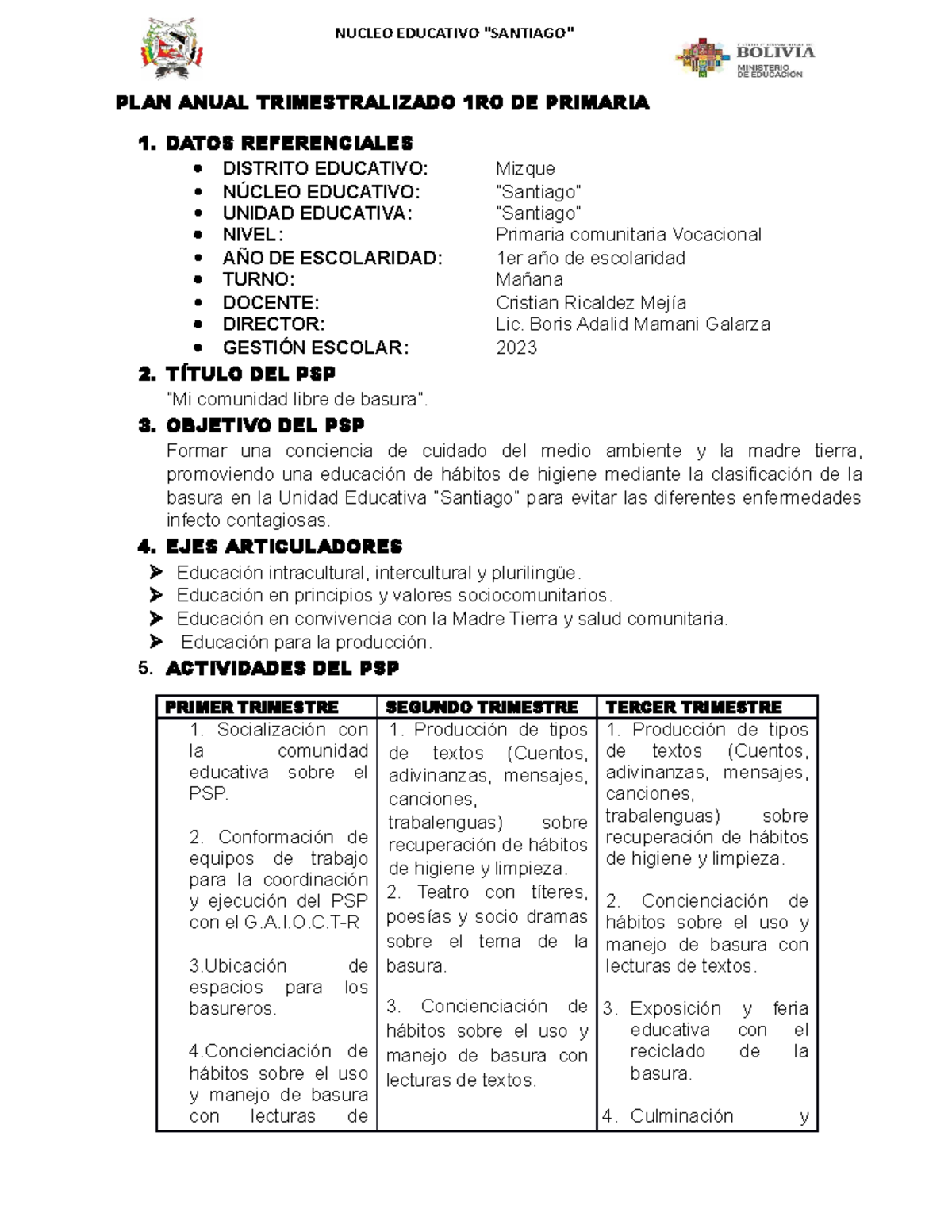 PAT Primero Primaria 2023 - NUCLEO EDUCATIVO "SANTIAGO" PLAN ANUAL ...