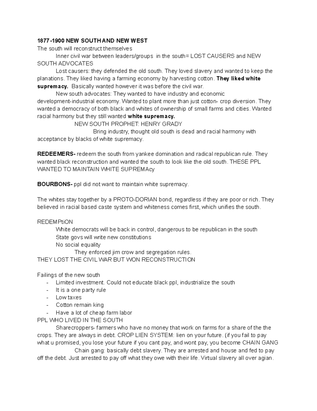 Ch 18 notes NEW South AND THE NEW WEST - 1877-1900 NEW SOUTH AND NEW ...