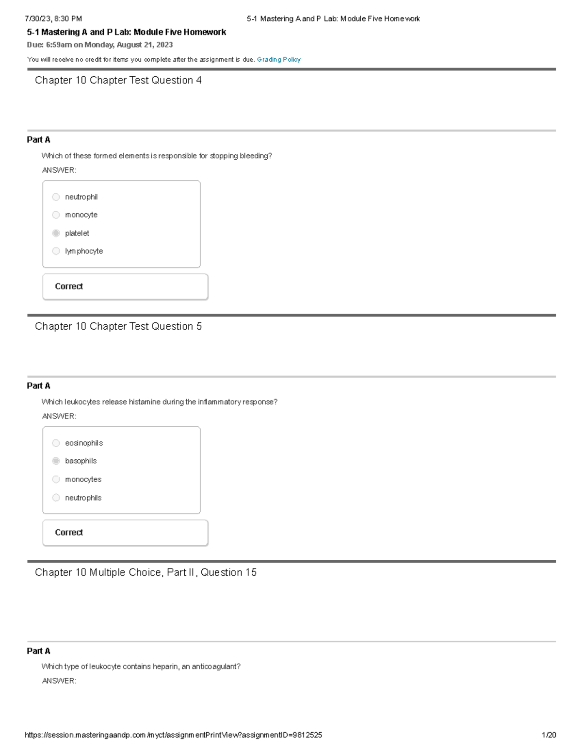 5-1 Mastering A and P Lab Module Five Homework - Grading Policy Chapter ...