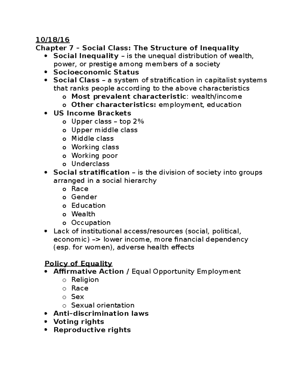Sociology Notes 2 - Meagan Rawls - 10/18/16 Chapter 7 – Social Class ...